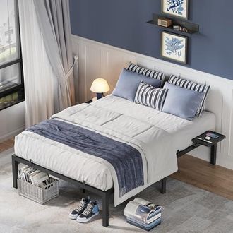 Vasagle Bett 140 x 200 cm, G&auml;stebett mit Aufbewahrungsregalen, Doppelbett, Bettgestell aus Metall, Bettrahmen, Metallbett, einfache Montage, klassikschwarz RM