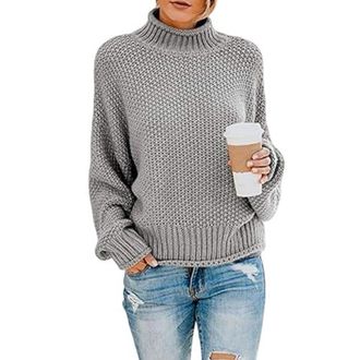 Generic Pull d&eacute;contract&eacute; et confortable &agrave; col montant pour femme, pull surdimensionn&eacute; &agrave; manches longues chauve-souris, pull ample en tricot &eacute;pais, gris, 3XL