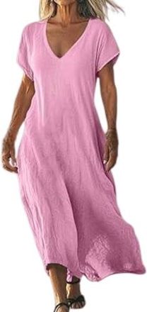 Generic Robe de plage d&eacute;t&eacute; en coton &agrave; manches courtes et col en V pour femme - Robe longue confortable et fluide, rose, XXL