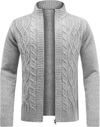 AlltheMen Cardigan Homme Hiver Chaud Veste en Maille Zippé Décontracté Gilet Pull Tricoté Automne Manteau Couleur Unie avec Col Montant Gris 3XL