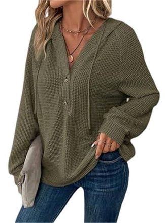 Generic Femmes Automne Hiver Mode Couleur Unie Manches Longues Col V Top avec Capuche Demi Boutonn&eacute; Cordon de Serrage Veste, vert militaire, 3XL