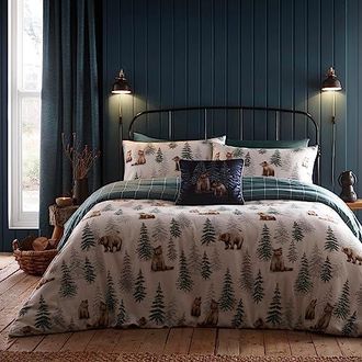 Dreams & Drapes Woodland Bear Parure de lit - Super King Size 260x220cm - Flanelle 100% Coton Bross&eacute; - R&eacute;versible - Carreaux Verts & Arbres - 2 Taies doreiller - Auto