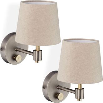 Relaxdays Relaxdays Wandlampe Vintage, 2er Set, dimmbar, Wandstrahler Schalter, Stoffschirm, E14, HBT: 23x15x21 cm, beige/silber