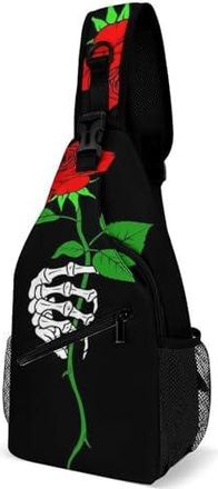 Generic Sacoche Port&eacute; &eacute;paule Main squelettique &agrave; t&ecirc;te de mort gothique noire tenant une Roses rouge Multifonction Sac De Poitrine L&eacute;ger Sac &agrave; Poitrine pour Ho