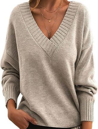 Onsoyours Chandails Femme Pull Color Block à Manches Longues Couleur Unie Pull Chaud Col V Décontracté Pullover Tricot Sweater Mode Haut Hiver A Jaune S G Abric