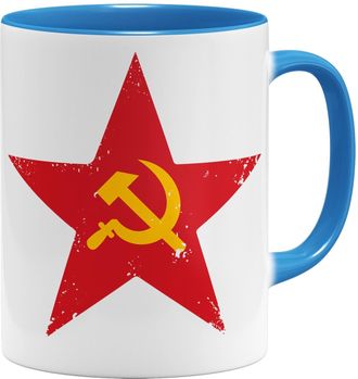 OM3 Soviet-Star Kaffee-Tasse mit Hammer und Sichel Symbol - Roter Stern - Retro Design - Keramik Becher - 325ml - Beidseitig Bedruckt - Hellblau