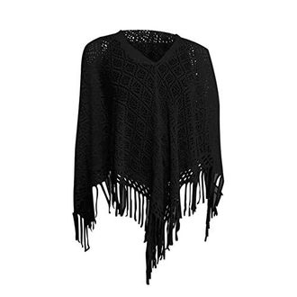 Generic Cape &agrave; capuche pour femme quatre saisons ch&acirc;le tricot&eacute; g&eacute;om&eacute;trique pompon d&eacute;coration multi-usages ch&acirc;le &eacute;charpe en coton, Noir, taille unique