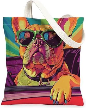 Generic Sac fourre-tout en toile avec motif bouledogue fran&ccedil;ais pour faire du shopping, 33 x 38,1 cm, sac d&eacute;picerie r&eacute;utilisable pour femme, sac d&eacute;picerie coo