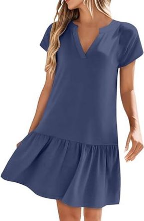 Generic Robe d&eacute;t&eacute; d&eacute;contract&eacute;e &agrave; manches courtes pour femme - Col en V - Volants - Taille basse - Robe fluide courte - Robe fluide pour femme - Mariage festif
