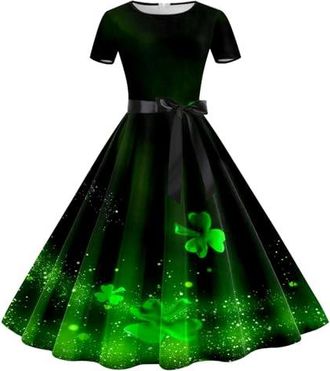 Generic Robe de déguisement pour femme élégante et vintage pour la Saint-Patrick - Coupe ajustée - Imprimé trèfle - Sans manches - Légère - Tunique trapèze - 