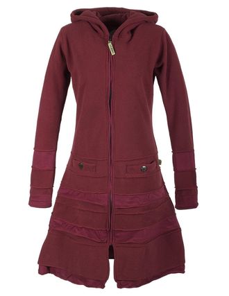 vishes Alternative Bekleidung - Langer Damen Patchwork Eco Recycling Fleecemantel mit Kapuze dunkelrot 38