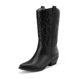 Dream Pairs Damen Cowboy Stiefel, Kn&ouml;chelhohe Cowgirl Stiefel mit Stickerei, Western Chunky Niedrigabsatz Schuhe,Size 40,Schwarz,SDMB2218W