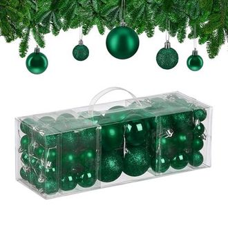 Relaxdays Weihnachtskugeln, 76er Set, Kunststoff, glitzernde, Matte, gl&auml;nzende Baumkugeln, Christbaumschmuck, dunkelgr&uuml;n