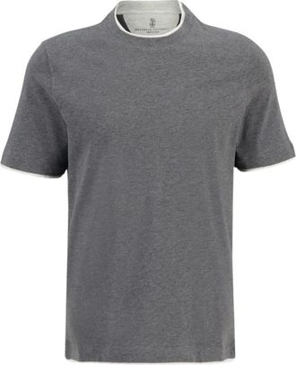 Brunello Cucinelli Homme, Tops, Gris, Taille: 2XL T-shirt en coton &agrave; fausses &eacute;paisseurs