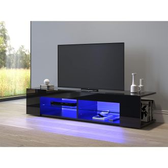 Sonni TV Schrank, TV Lowboard Hochglanz, mit LED-Beleuchtung,12-LED-Farben, Glasb&ouml;den, 135 cm breit, Fernsehtisch, TV-Regal, Schwarz, 135x39x30cm, GTV003B-B