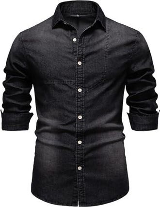Generic Chemise en jean &agrave; manches longues pour homme - Chemise de loisirs boutonn&eacute;e - Chemise daffaires - Coupe droite - Chemise traditionnelle - En coton - C