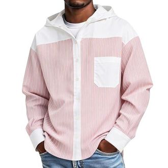 Generic Chemises pour homme adulte &agrave; manches longues contrast&eacute;es ray&eacute;es avec poche poitrine printemps et automne chemise &agrave; capuche tops sans repassage coupe d
