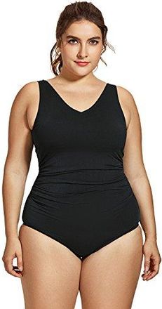 Syrokan Maillot de Bain Femme 1 Pieces Gainant Ventre Plat Grande Taille Sport Col en V Noir 46
