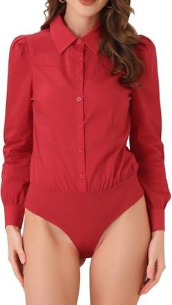 Allegra K Chemisier Body Femme Justaucorps Col Rebattu pour Business Chemise Décontracté Boutonné à Manches Longues Body Haut Rouge L