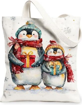 Generic Sacs fourre-tout en toile motif pingouin, sacs d&eacute;picerie r&eacute;utilisables, fantaisie, festif, l&eacute;ger, lavable avec bandouli&egrave;re, blanc, 13x15 Inch