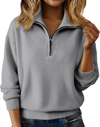 Generic Pull en casmere &agrave; fermeture &eacute;clair 1/4 pour femme - Col montant - Manches longues - Coupe ample - D&eacute;contract&eacute; - Hiver - Confortable, gris, XXL