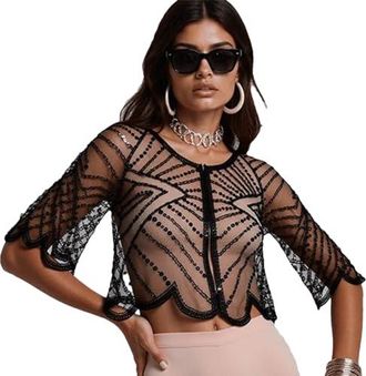 Generico Chal Flapper Ch&acirc;le en dentelle avec paillettes et perles, accessoire pour f&ecirc;te, d&icirc;ner &agrave; la maison, photo de mariage, voyage, noir, Consulte la descrip