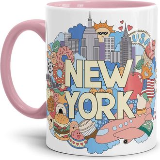 Tassendruck New York Tasse Comic-Style Innen und Henkel Rosa - Kaffeetasse/Mug/Cup - Qualit&auml;t Made in Germany