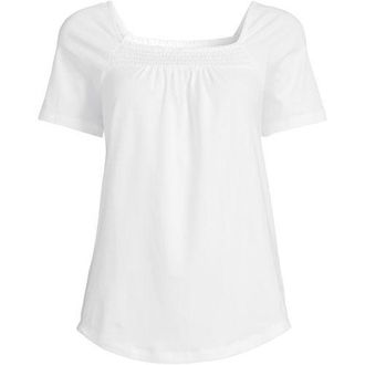 Lands End Baumwoll/Modal-Shirt mit gesmoktem Ausschnitt, Damen, Größe:44-46 regular, Weiß, Baumwolle Modal, by Lands End