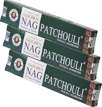 NKlaus 3X Golden Nag Patchouli Räucherstäbchen 45g - Handgerolltes Räucherwerk mit sinnlichem, erdigen Duft für 3X Entspannung, Reinigung und Raumharmonie