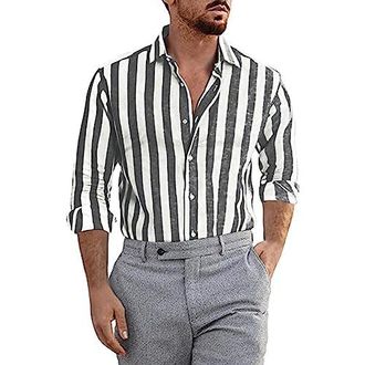 Generic Chemise en lin pour homme, chemise &agrave; manches longues pour homme, chemise d&eacute;contract&eacute;e boutonn&eacute;e &agrave; rayures, coupe r&eacute;guli&egrave;re, col rabattable, chemises e