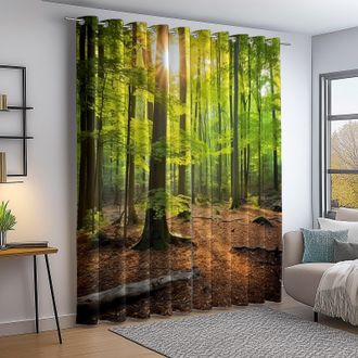 Generic Blickdicht Vorh&auml;nge Schlafzimmer - Natur Wald Sonnenschein Verdunkelungsvorhang mit &Ouml;sen, Gr&uuml;n Wohnzimmer Kinderzimmer Fenstervorh&auml;nge H 230 x B 117 c