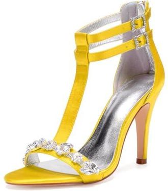 Generic Escarpins Femme Bout Ouvertsandales Chaussures De Mariee Satin&eacute;e Mari&eacute;e Dress F&ecirc;te Bridal Mariage Stylet Sandales 10.5Cm,Jaune,36 EU