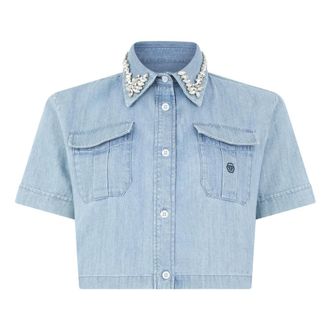 Philipp Plein Chambray Cropped Shirt Crystals - - Blouses & Shirts - Damen - Blau - L