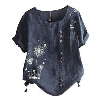 Generic Chemise en lin pour femme - Col rond - Imprim&eacute; floral et papillon - Tunique &agrave; manches courtes - T-shirt ample et confortable - Pour les vacances et la
