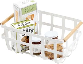 Yamazaki Tableware Yamazaki 2507 TOSCA Aufbewahrungskorb mit 2 Griffen, wei&szlig;, Stahl/Holz, minimalistisch, 36 x 22 x 16 cm