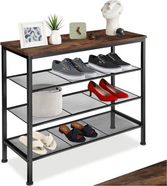 TecTake 800955 Schuhregal schmal mit Ablagefläche, Schuhablage aus Holz Metall, Industrie-Design, 4 Ebenen mit 3 Gitterablagen, 80,5 x 30,5 x 72,5cm, schwarze