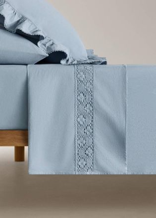 Mango Drap plat percale de coton lav&eacute; d&eacute;tail dentelle lit 90 cm bleu - Home - Lit 90 cm - MANGO HOME