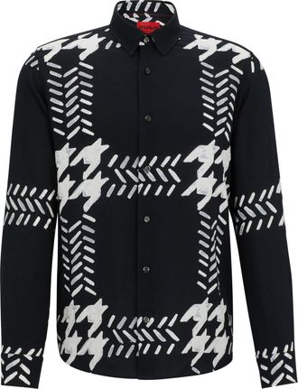 HUGO BOSS Herren Emero Relaxed-Fit Hemd aus bedrucktem Canvas mit Kentkragen Schwarz L