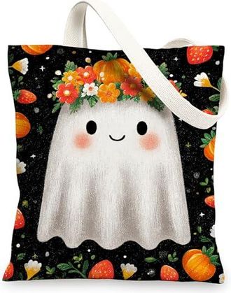 Generic Sac fourre-tout en toile motif fantôme mignon, motif floral citrouille, sacs de courses réutilisables, fantaisie, léger, lavable avec bandoulière, noi