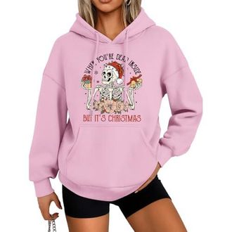 Generic Sweat &agrave; capuche de No&euml;l pour femme, imprim&eacute; squelette, manches longues avec cordon de serrage, hauts d&eacute;contract&eacute;s | pour le voyage, rose clair, 3XL