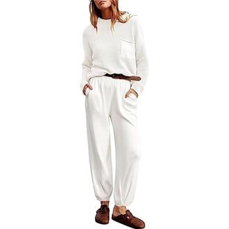 Generic Ensemble de surv&ecirc;tement d&eacute;contract&eacute; en coton et lin pour femme - Chemise de couleur unie - Pantalon large - Combinaison de loisirs pour femme, blanc, 