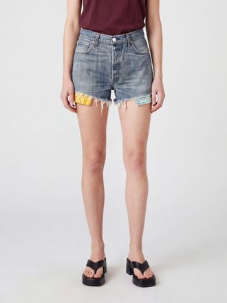 HTC Short en jean taille haute avec broderie bandana et ourlet effiloch&eacute;