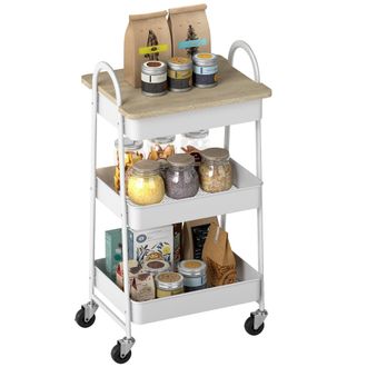 HOMCOM 3-Tier Storage Trolley mit Covered Top Board, Rolling Utility Cart, Mobile Storage Cart auf R&auml;dern mit Mesh-K&ouml;rbe f&uuml;r K&uuml;che, Wohnzimmer, Esszimmer, Sc