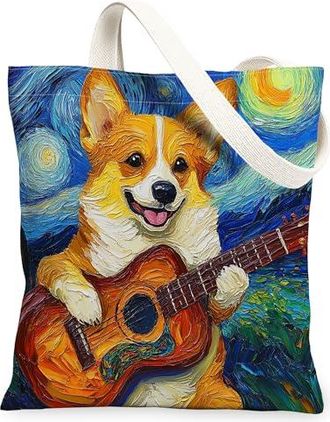 Generic Corgi Sac fourre-tout en toile r&eacute;utilisable pour faire du shopping Motif guitare &eacute;toil&eacute;e 33 x 38 cm