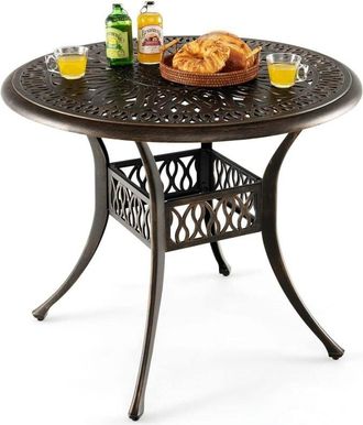 Costway Gartentisch mit Schirmloch, runder Balkontisch aus Aluminiumguss, wetterfester Terrassentisch für Garten, antike Optik, 90 x 90 x 74 cm - Costway