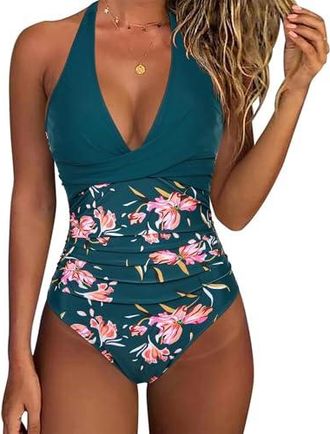 Generic Maillot de Bain Femme 1 Pieces Gaine Amincissante Ventre Plat Taille Haute Col V Push Up Maillot de Bain Une Piece Soutien Gorge Int&eacute;gr&eacute; Vintage Swimw