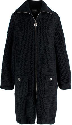 Chanel Black Longline Wool Cardigan with Embellished Button Detail Size L