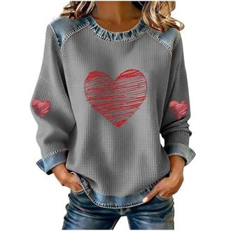 Generic Sweat-shirt de Saint-Valentin pour femme r&eacute;tro en denim patchwork sweatshirt dr&ocirc;le mignon coeur graphique couture chemise en jean gaufr&eacute; tricot &eacute;pissu