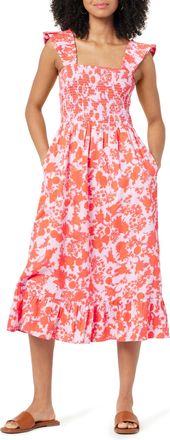 The Drop Midikleid für Damen, Kimi Gerüschte Schultern, gesmokt, Pink-/Oranger-Blumendruck, XXL Große Größen, Übergröße