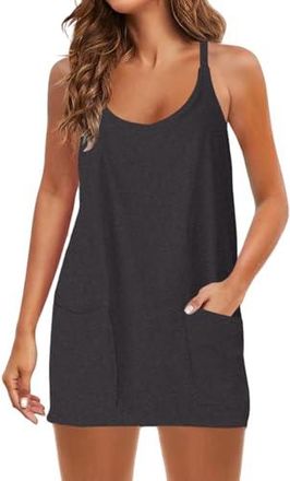 Generic Robe dété unie sans manches pour femme - Mini jupe débardeur à bretelles fines avec poches, GY1., S